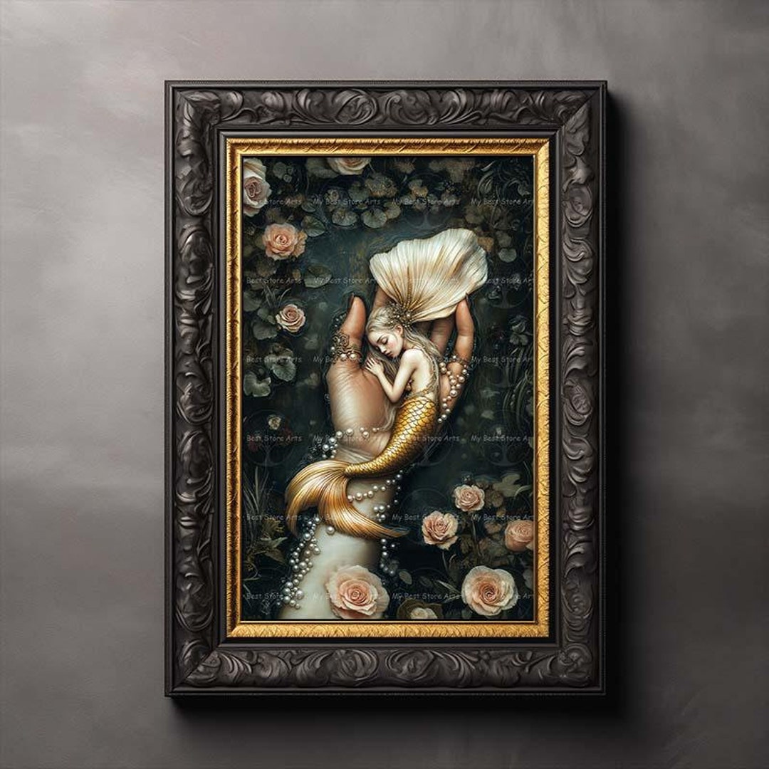 Golden Mermaid Hand Art Print - Fantasy Victorian Pearls Decor Picture ...