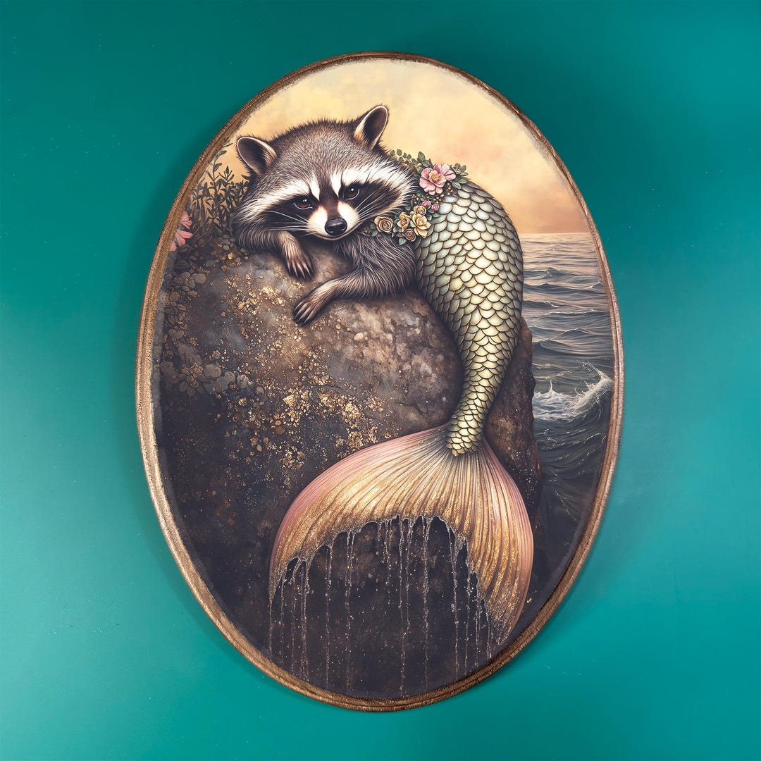 Mermaid Raccoon Wooden Decor- Nautical Fantasy Vintage Style Wood ...