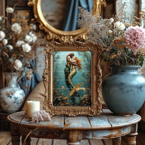 Siren and Merman Art Print - Romance Love Poster, Cute Siren Underwater ...