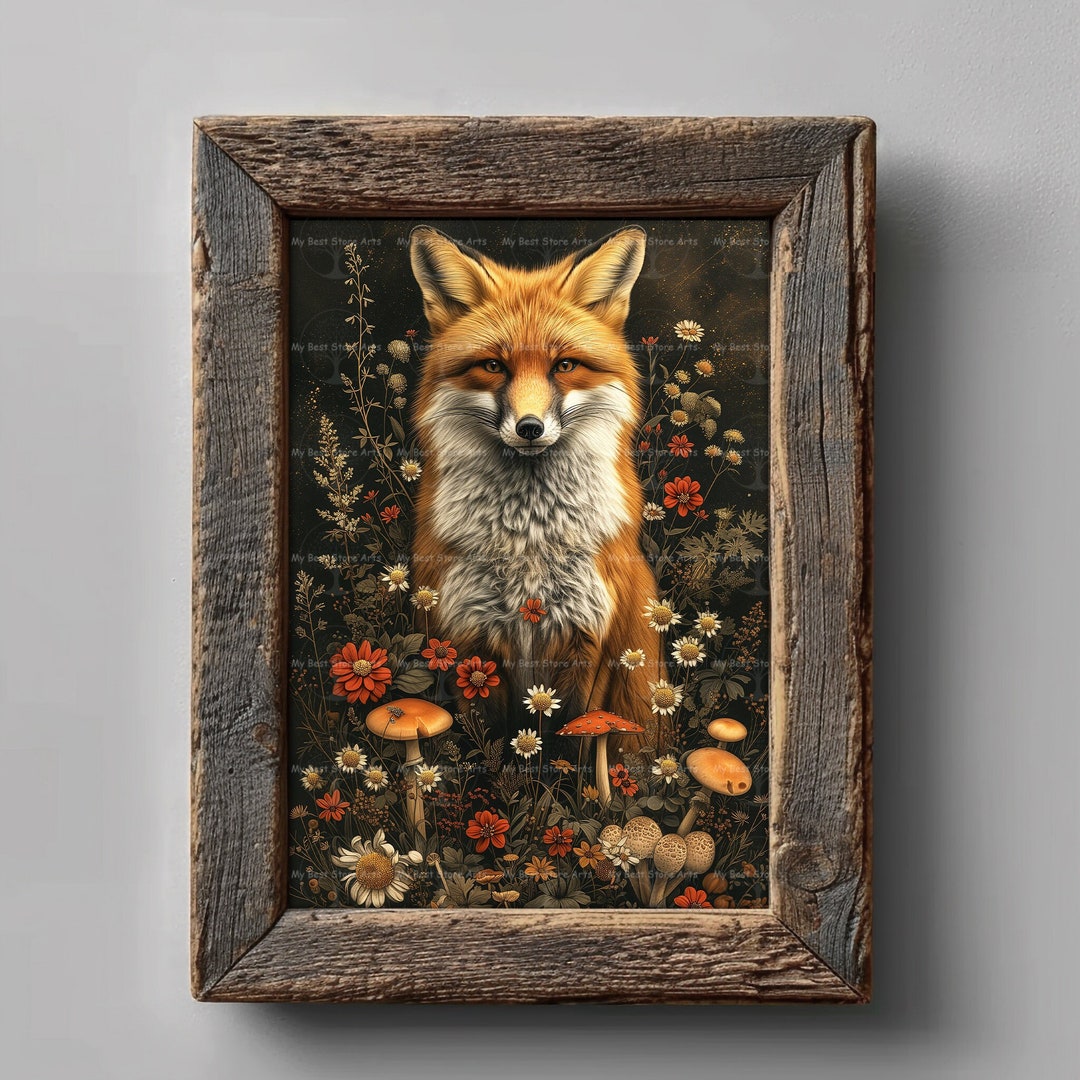Cottagecore Fox Art Print - Botanical Poster, Moody Flower Wall Decor ...