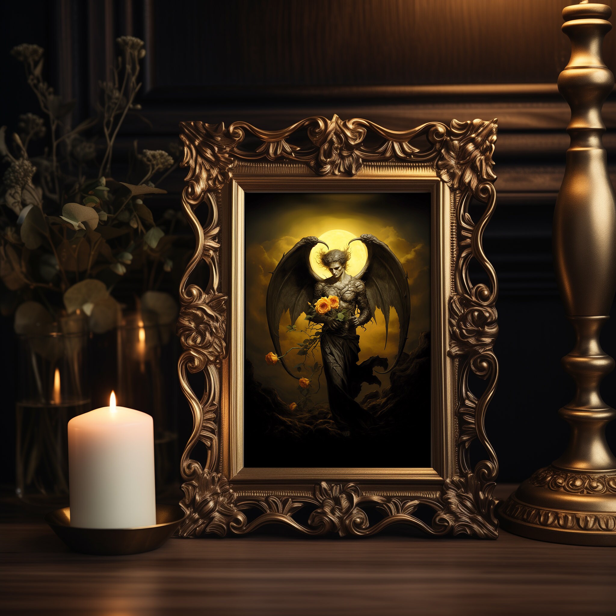 Fallen Angel Moonlight Art Print, Fantasy Dark Academia Poster, Demon ...