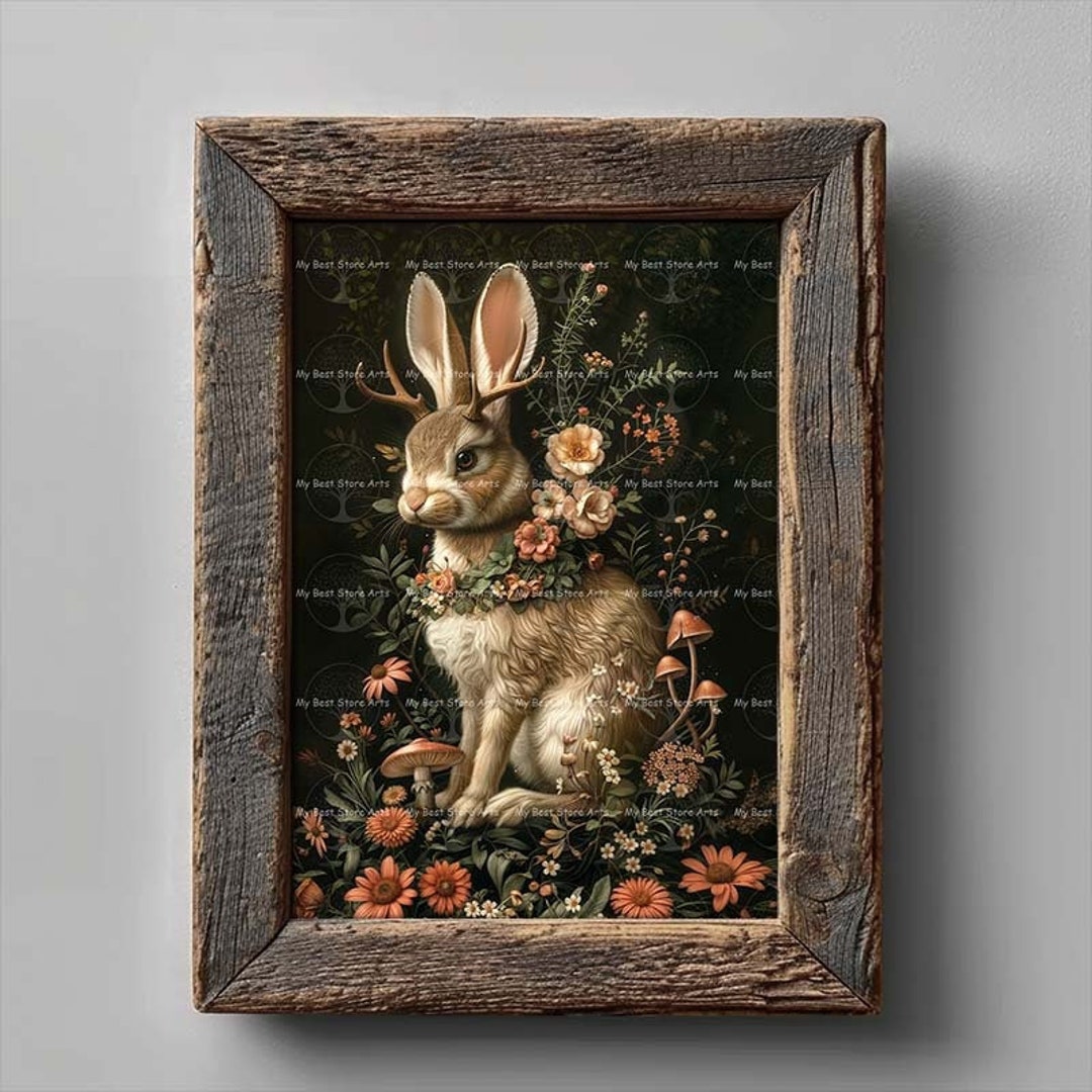 Jackalope Art Print Botanical Cottagecore Poster, Rabbit Wall Decor ...