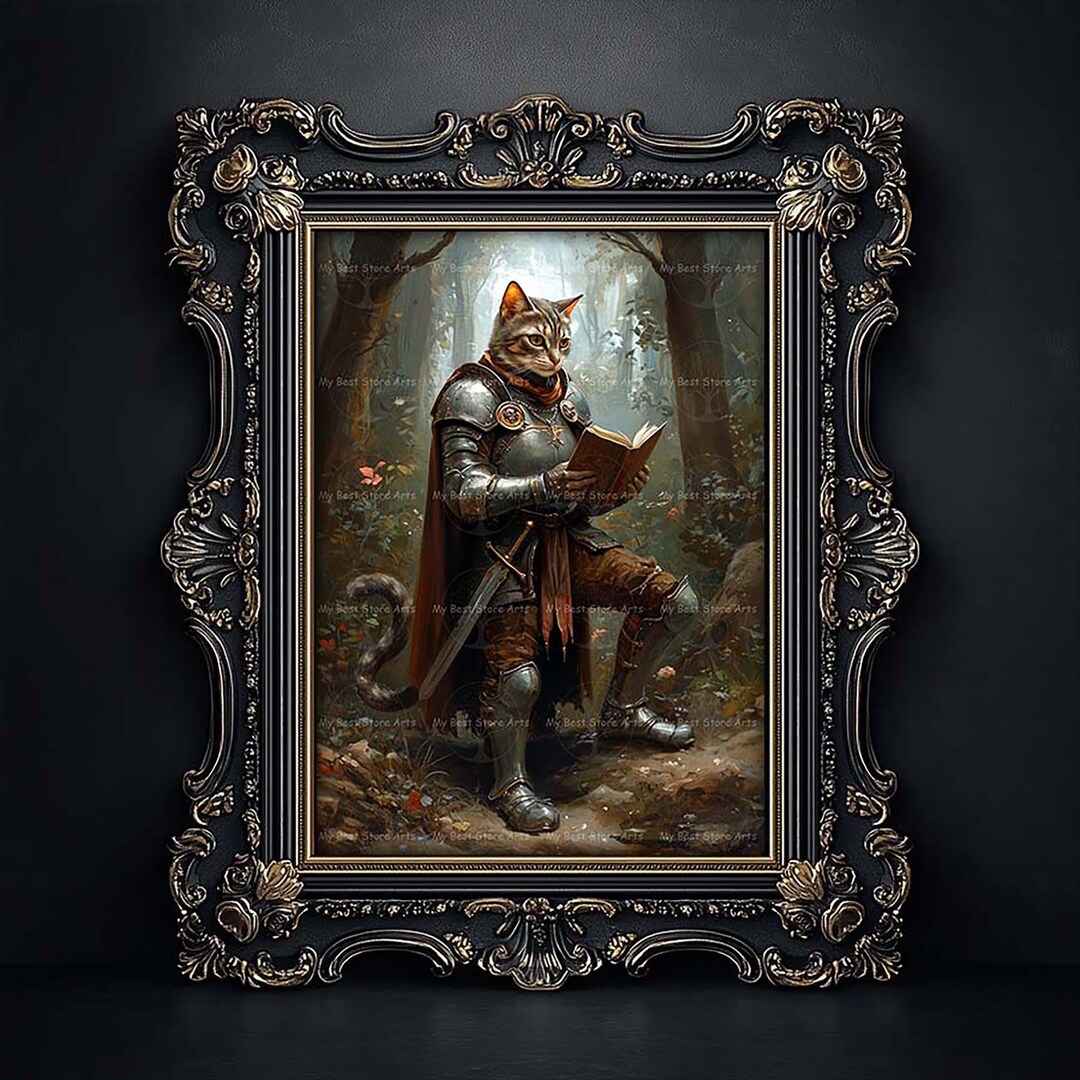 Bookish Cat Knight Art Print | Fantasy Wall Decor | Funny Fairytale ...