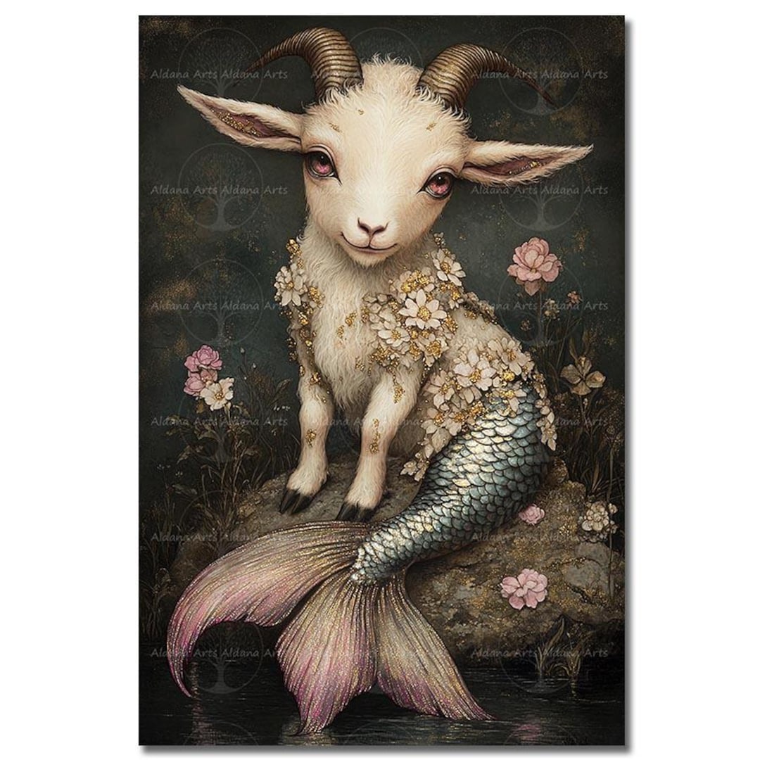 Mermaid Goat Art Print - Capricorn Poster, Moody Cute Fantasy Wall ...