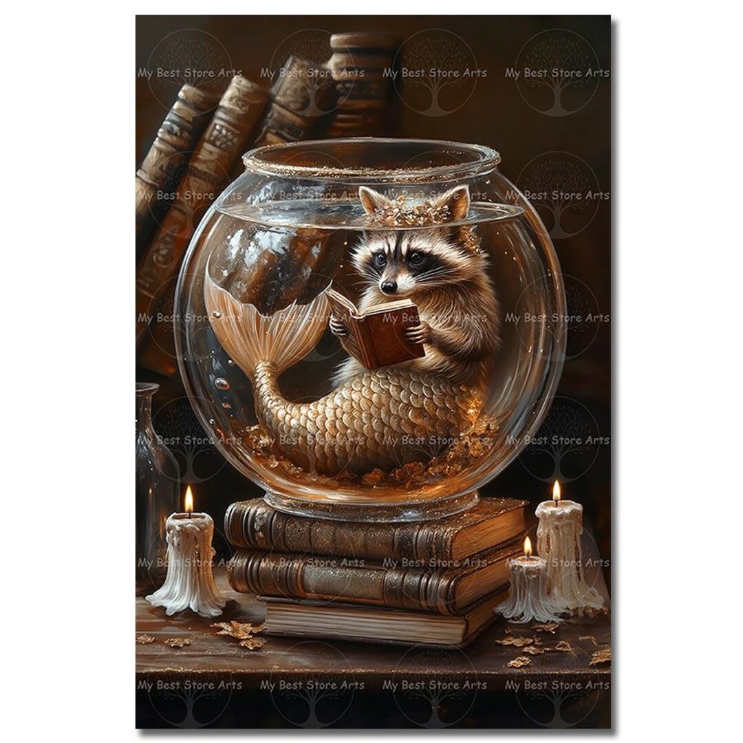 Mermaid Raccoon in Fishbowl Art Print - Fairytale Fantasy Wall Decor ...