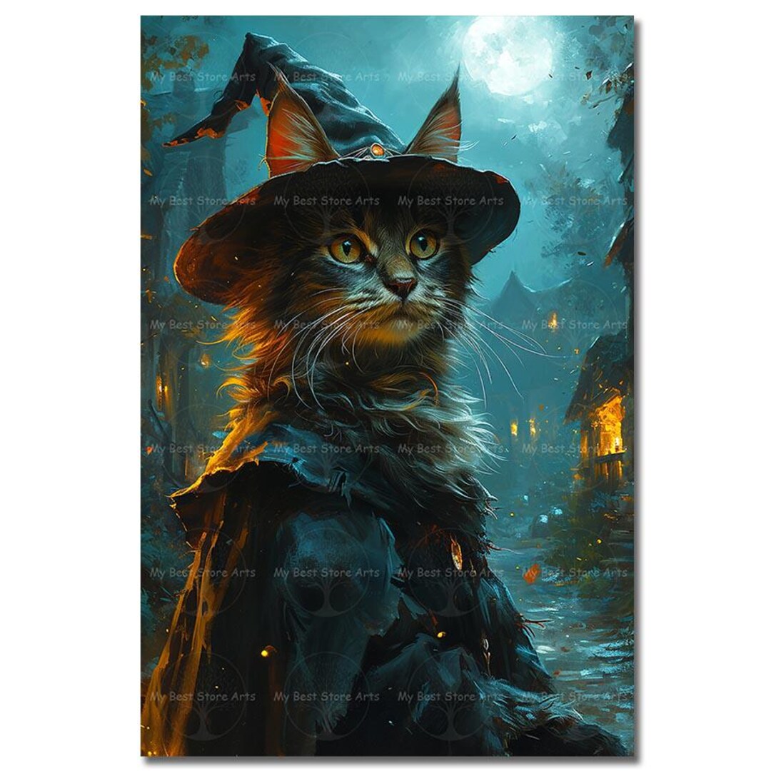 Witch Cat Art Print - Spooky Halloween Poster, Dark Academia Picture ...