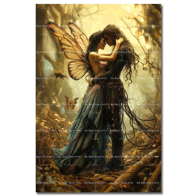 Fae Couple Art Print - Fantasy Cottagecore Picture, Cute Fae Poster ...