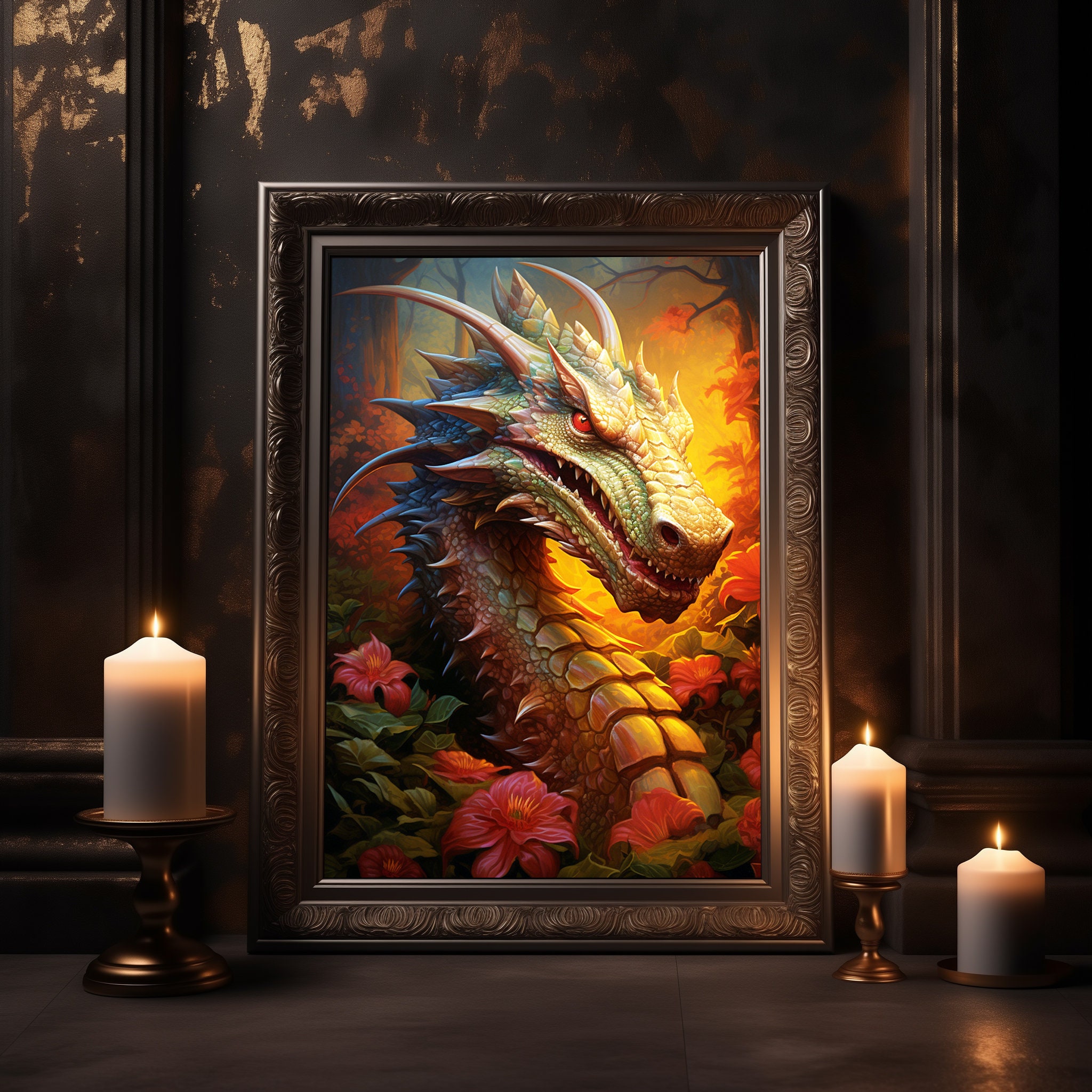 Rose Dragon Art Print Fantasy Poster, Flower and Mythical Creature ...