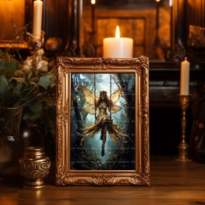 Golden Fairy on Swing Art Print - Fantasy Cottagecore Picture ...