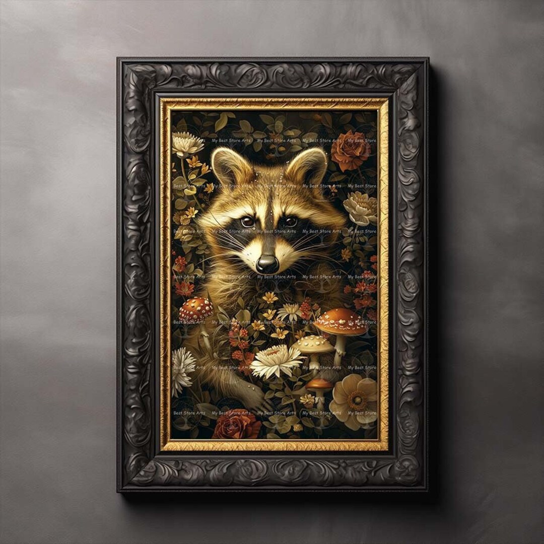 Cottagecore Raccoon Art Print - Botanical Poster, Moody Flower Wall ...