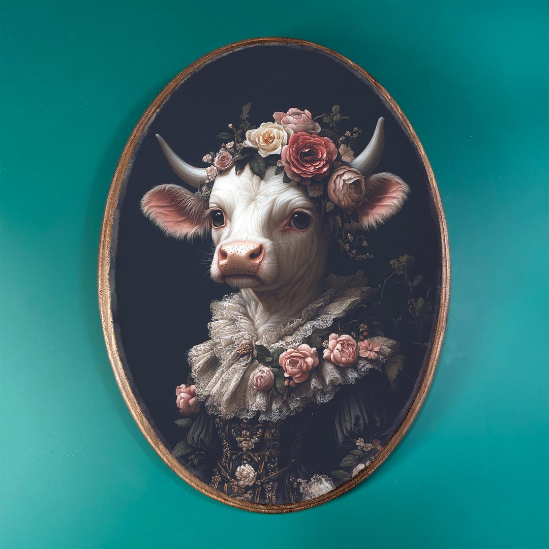 Cottagecore Cow Wooden Decor | Cute Victorian Flower Cow Wood Plaque ...