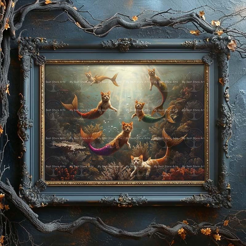 Underwater Mermaid Cats Art Print - Ocean Siren Cat Poster, Cute ...