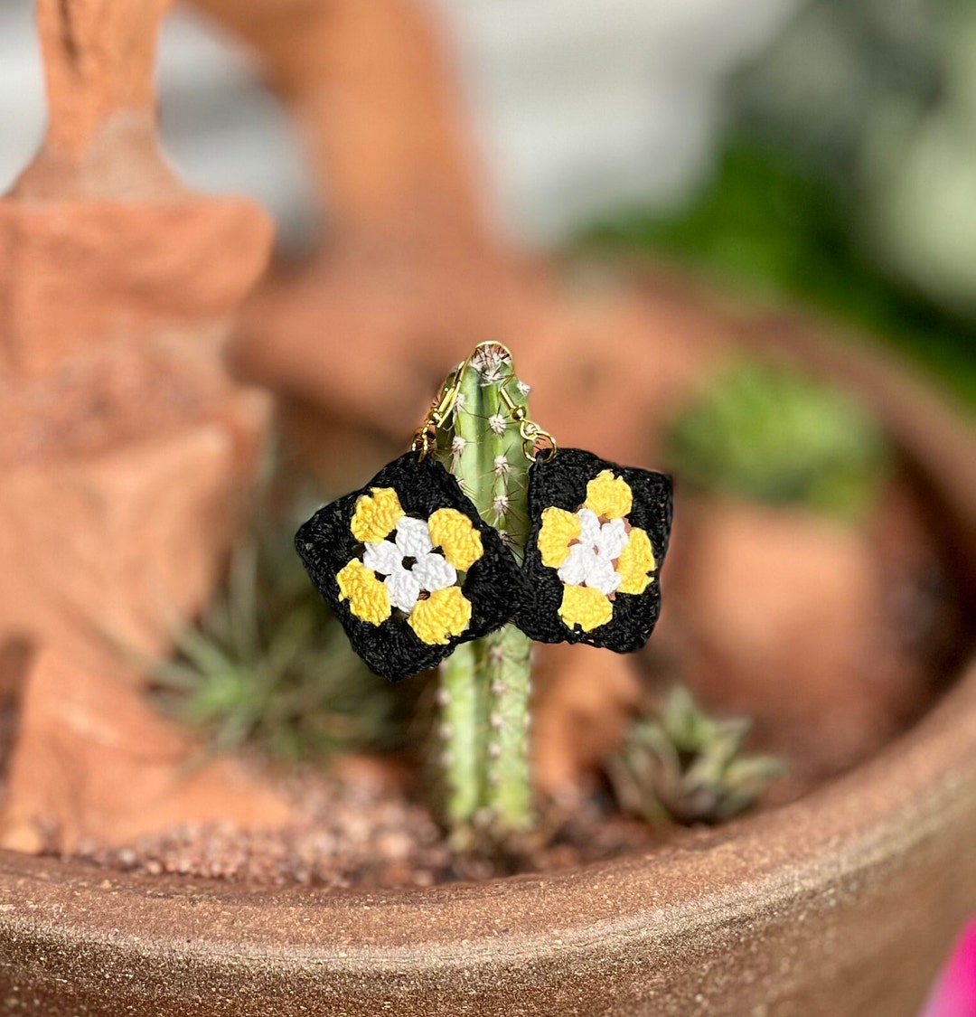 Black and Yellow Granny Square Crochet Earrings - Etsy