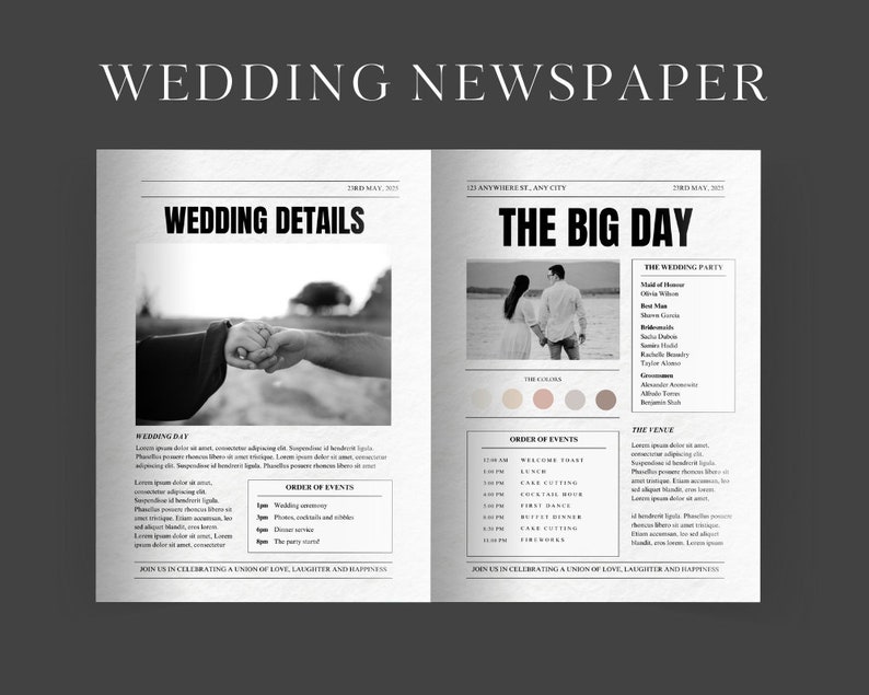 4 Page Wedding Newspaper Template - Itinerary & Timeline Program ...