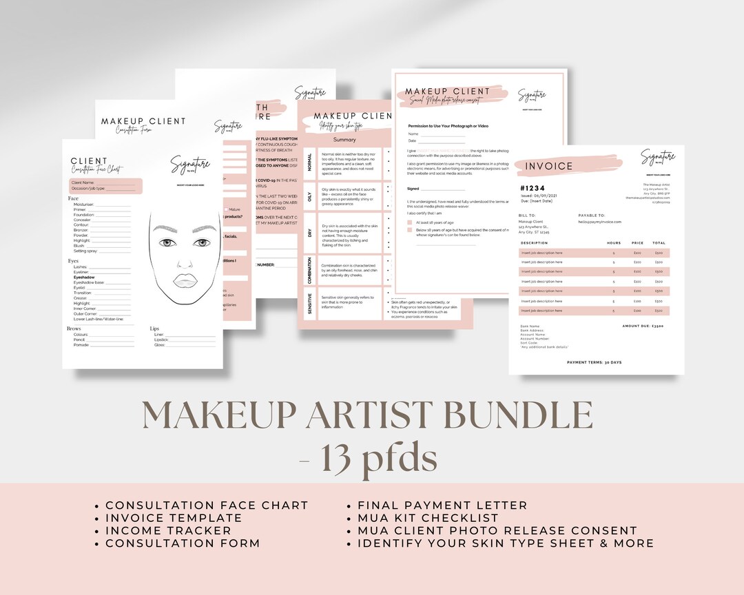 MAKEUP ARTIST Form BUNDLE Client Consultation, Face Chart, Income Sheet ...