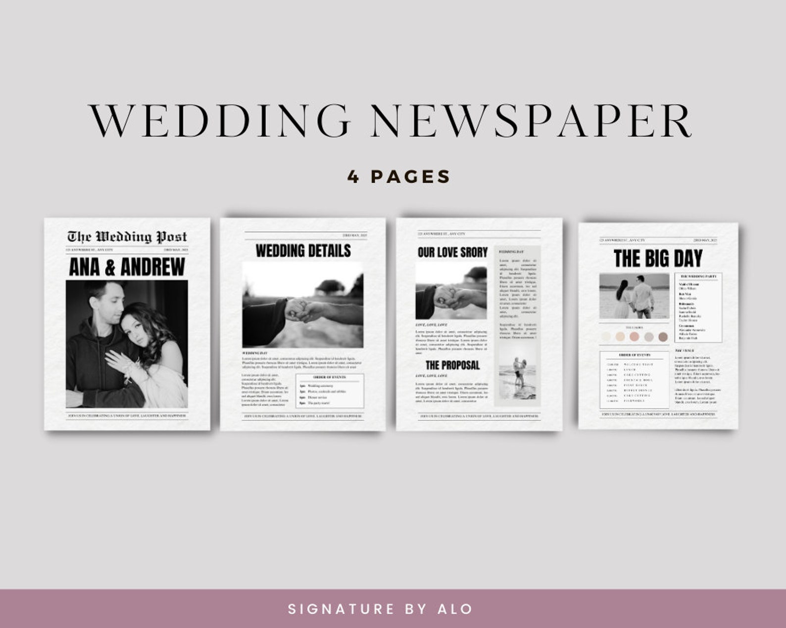 4 Page Wedding Newspaper Template - Itinerary & Timeline Program ...