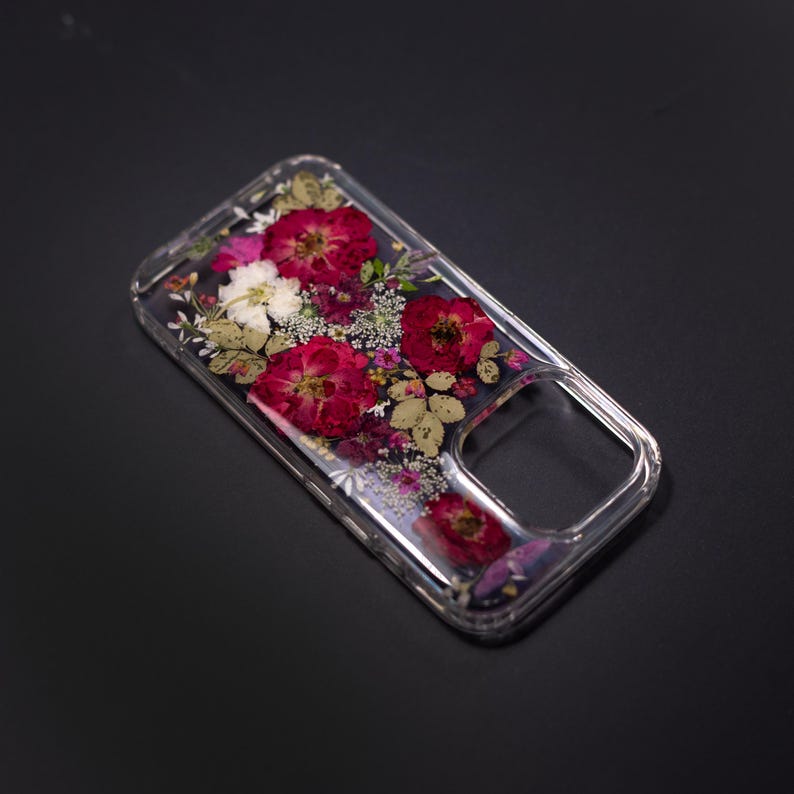 Red Rose Phone Case, Real Pressed Flower Resin Cover, Burgundy ...