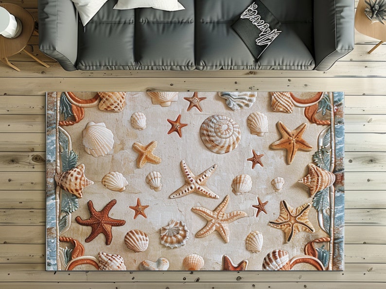 Seashell Beach Themed Rug - Starfish Area Rug, Nautical Living Room ...