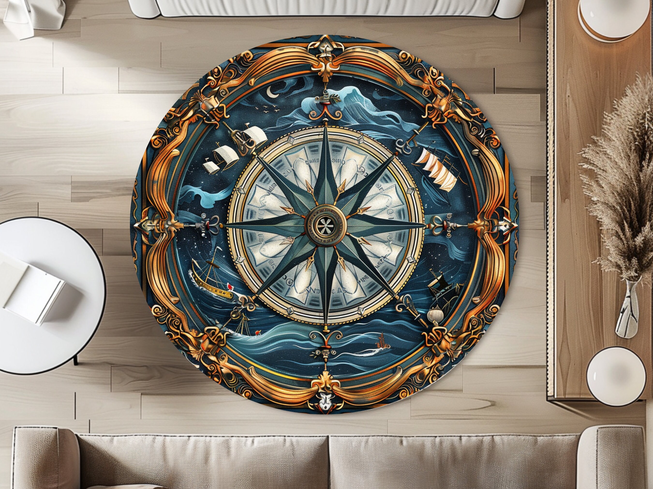 Nautical Round Rug, Compass Floor Carpet, Wheel Non Slip Circle Rugs ...