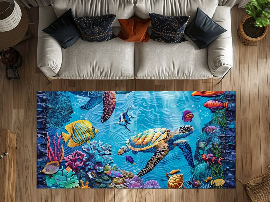 Sea Turtle Area Rug, Coastal Ocean Theme Rug, Nautical Home Decor, Sea ...