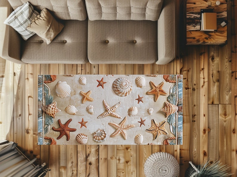 Seashell Beach Themed Rug - Starfish Area Rug, Nautical Living Room ...