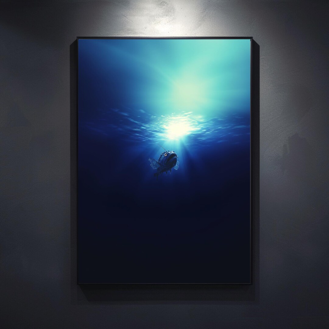 Angler Fish Art Print, Mysterious Ocean Wall Art, Dark Blue Deep Sea ...