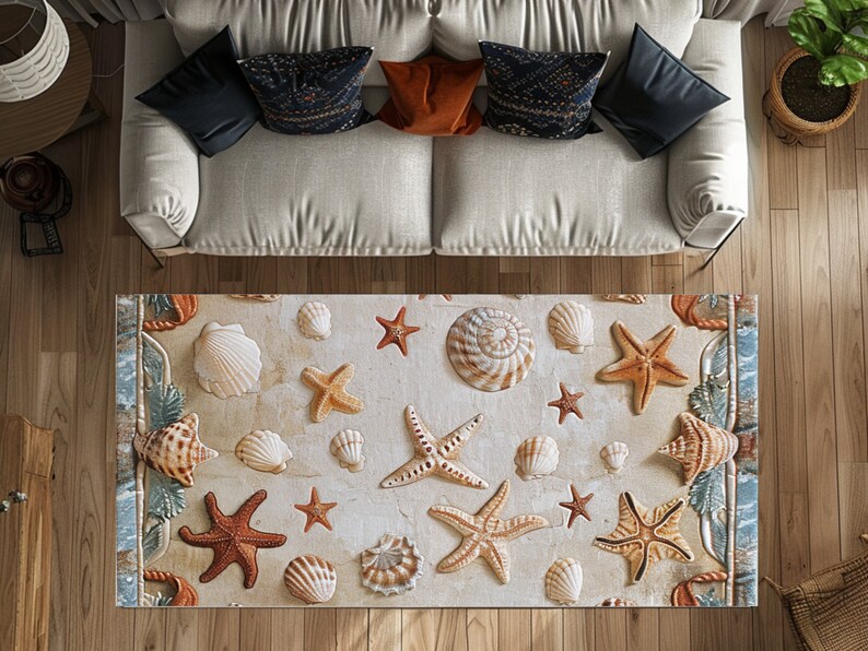 Seashell Beach Themed Rug - Starfish Area Rug, Nautical Living Room ...