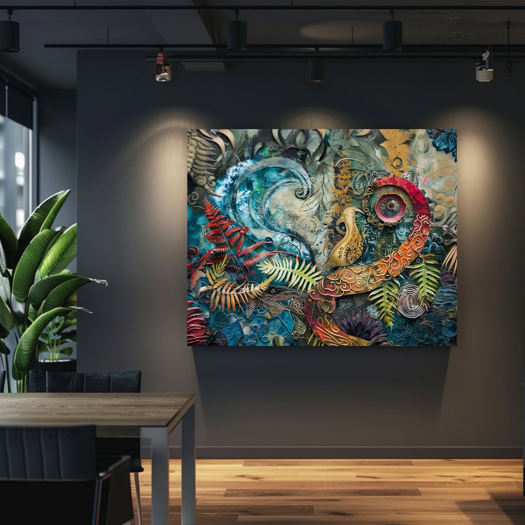 Maori Art, Maori Inspired Mixed Media Collage Canvas, Vibrant Nature ...
