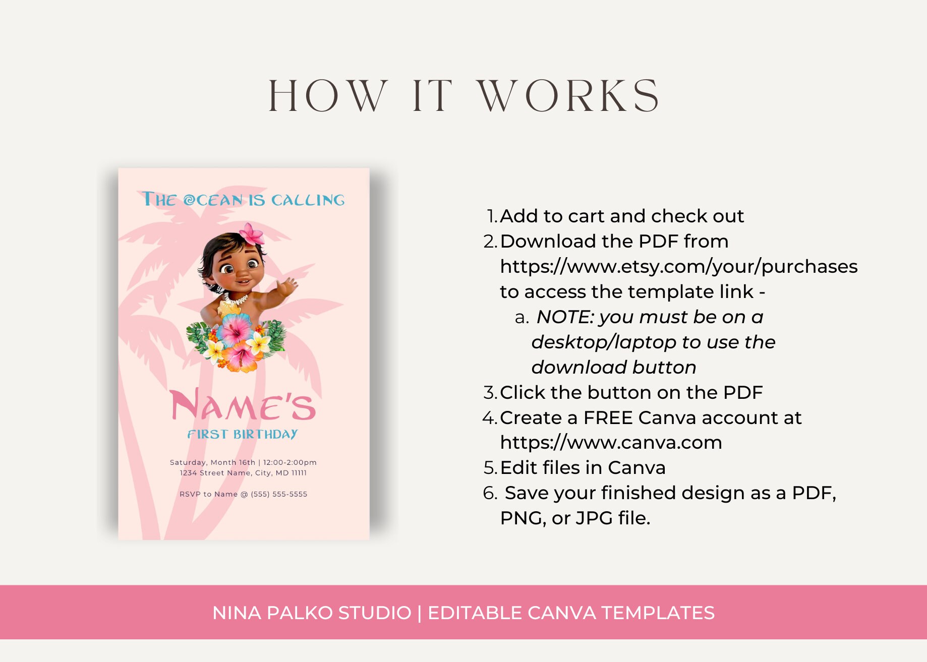 Moana Digital Birthday Invitation CANVA Template, Moana Birthday ...