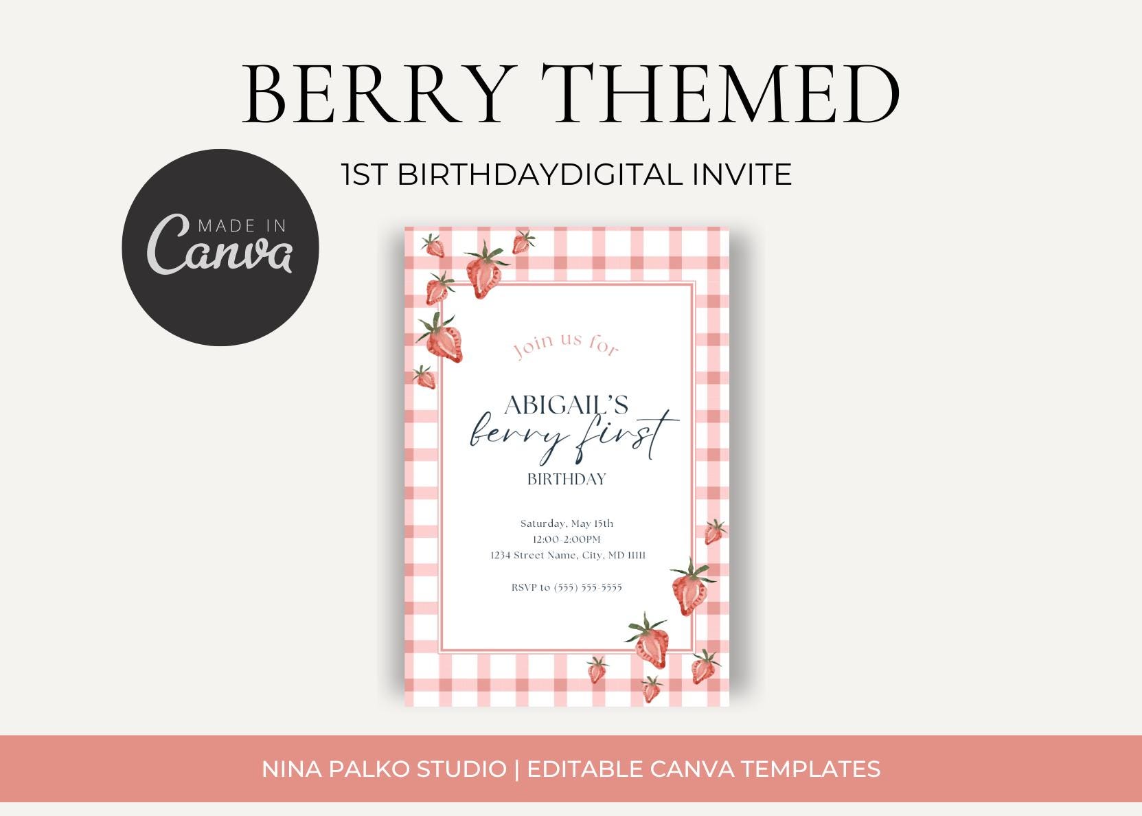 Berry First Birthday Invitation: Editable Canva Template (digital ...