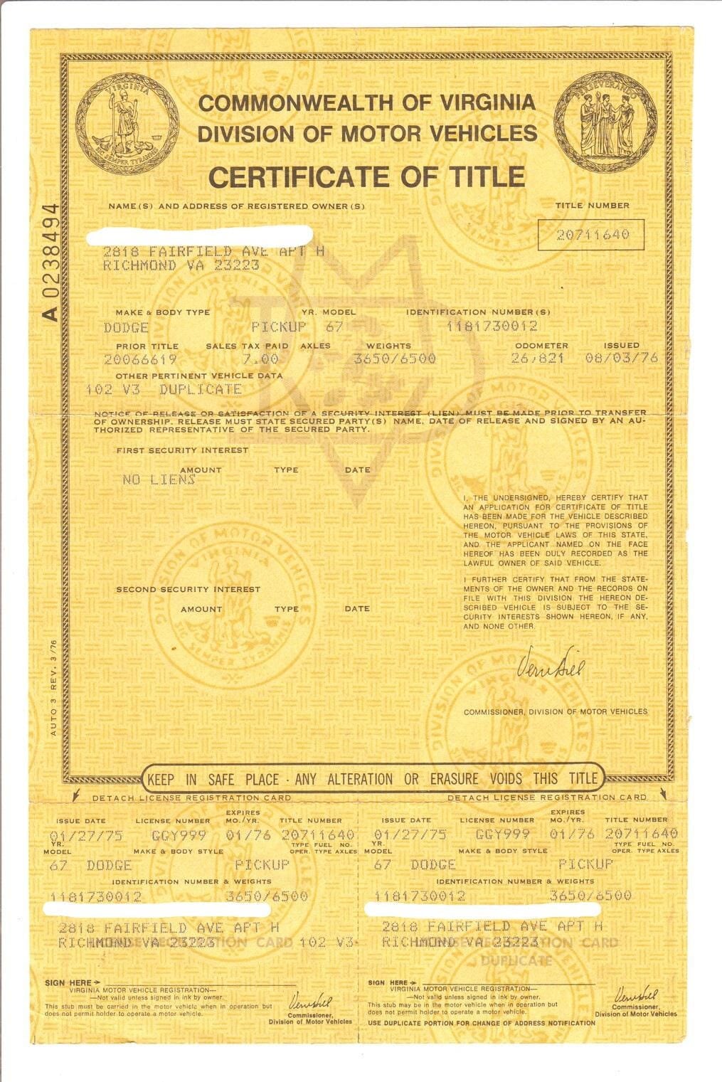 1967 Dodge Pickup Truck Title State of Virginia Vintage Historical ...