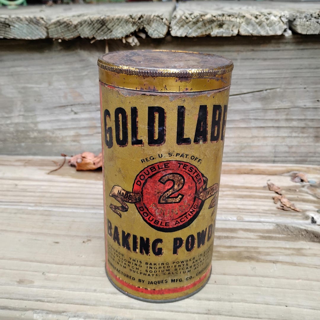 Antique Baking Powder Tin Gold Label Early 1900's Farm Country Kitchen ...