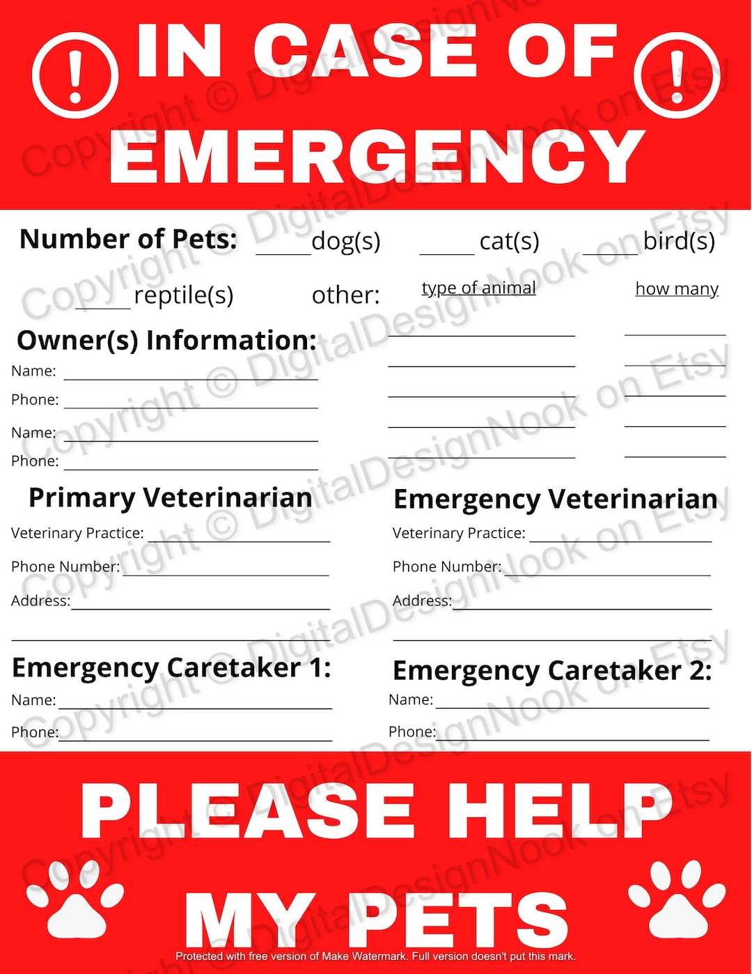 In Case of Emergency - Pet Info Sheet - Etsy