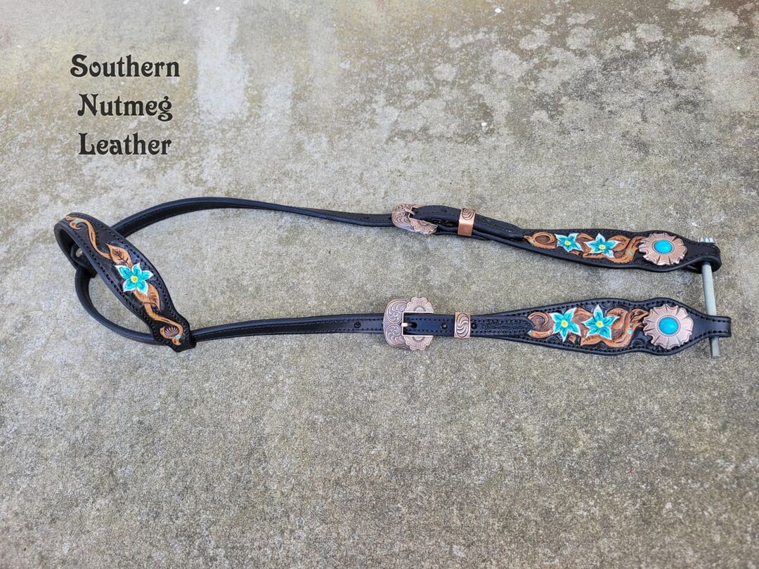Draft Black Floral Carved Turquoise Headstall - Etsy