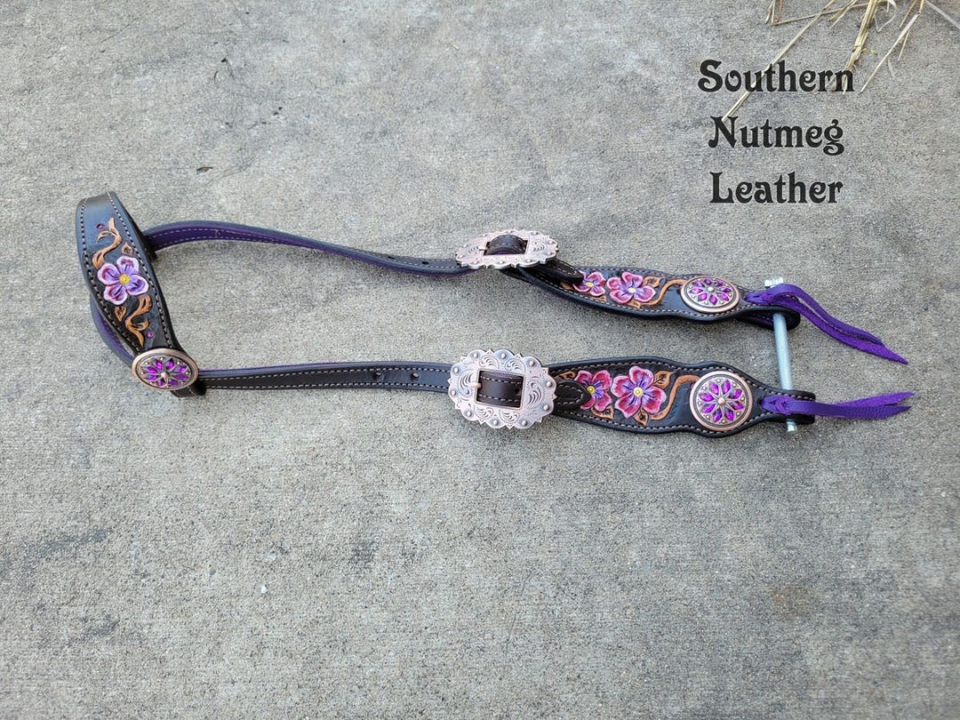 Chocolate Purple and Pink Carved Flowers Headstall - Etsy