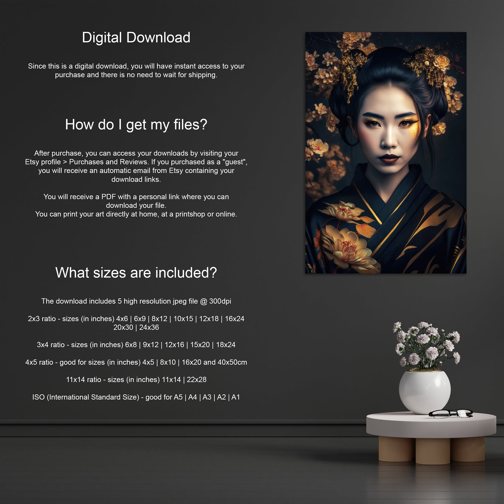 Digital Download Golden Geisha Wall Print Portrait. Japanese Tradition ...