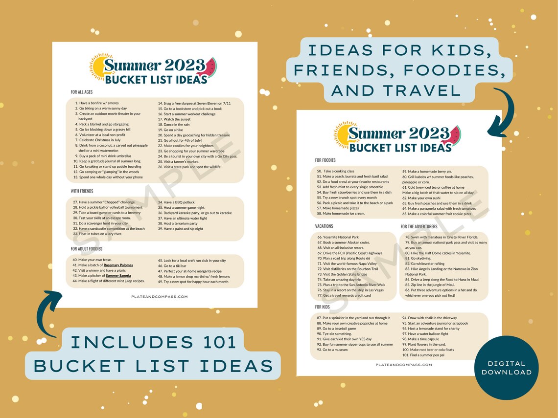 2023 Summer Bucket List Checklist Printable, Includes 101 Great Ideas ...