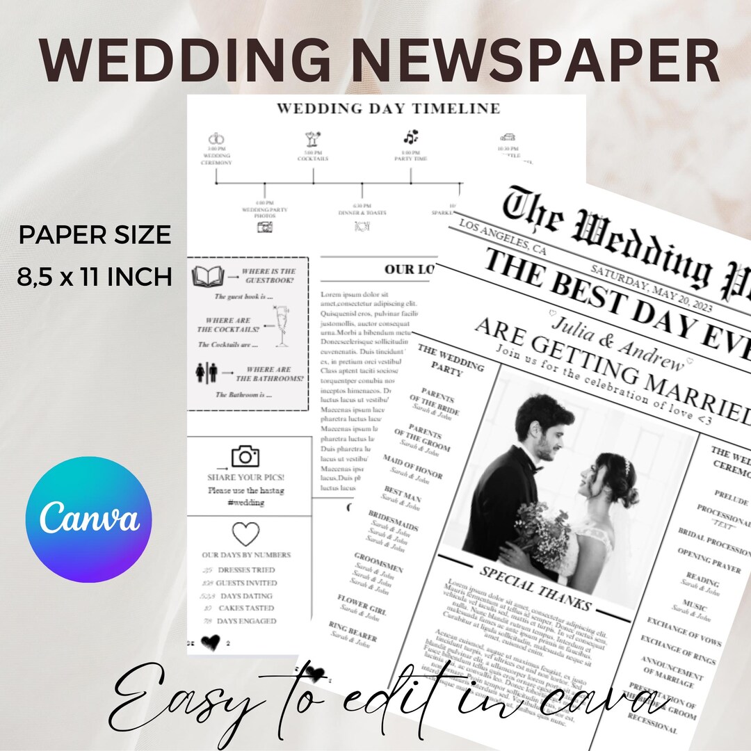 Wedding Newspaper Template With Photo, Wedding Template, Wedding ...