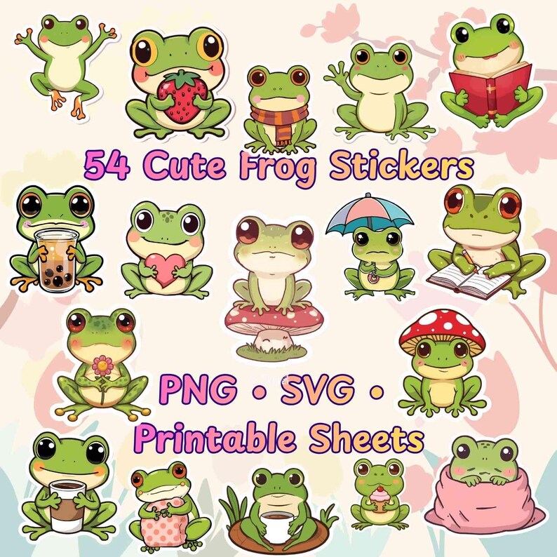 Kawaii Frog Stickers Pack, 54 PNG SVG Digital Download (printable ...