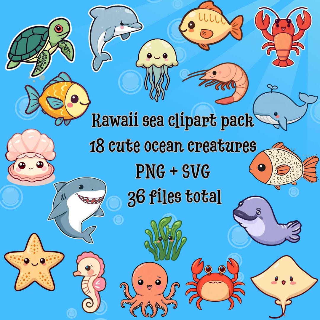 Kawaii Sea Animal Clipart | Ocean PNG SVG Bundle - Etsy