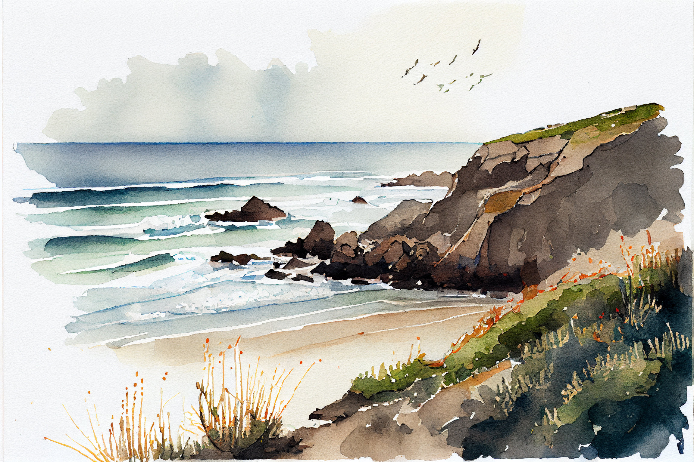 California Beach Watercolor, Printable Art, Pristine Beach Painting - Etsy