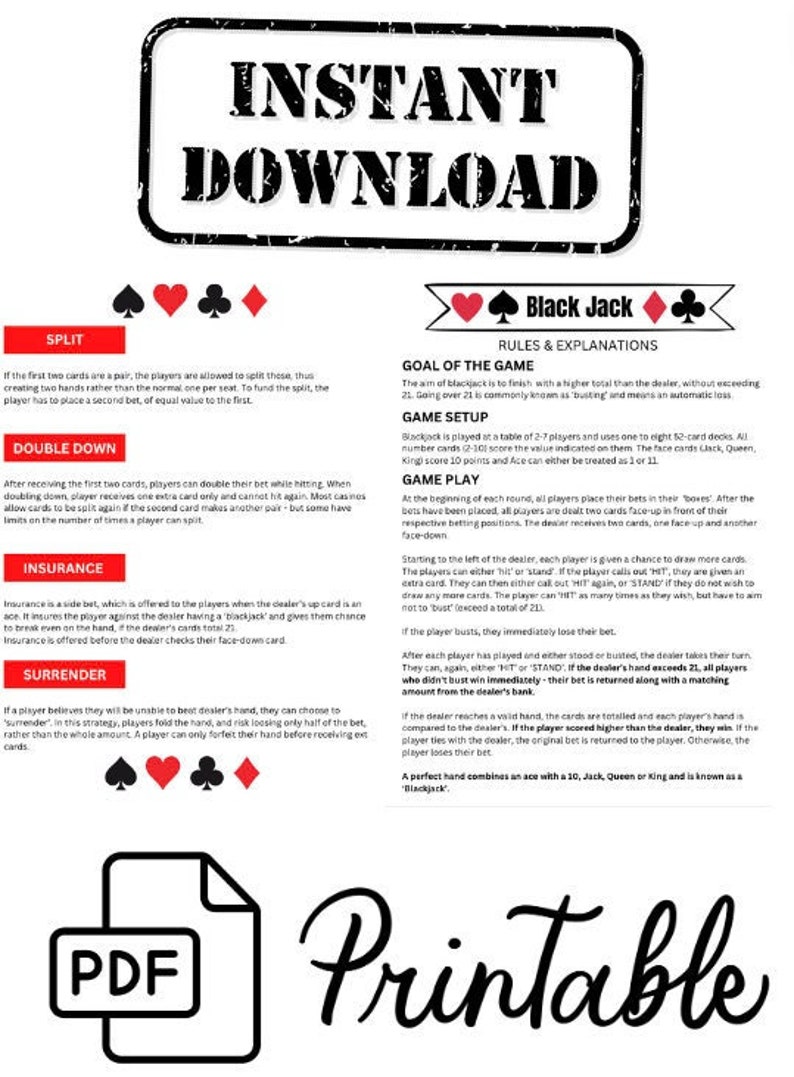 BLACK JACK - Rules Sheet - PRINTABLE - Etsy