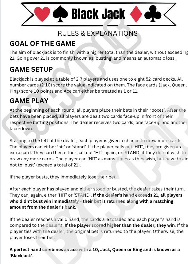 BLACK JACK - Rules Sheet - PRINTABLE - Etsy