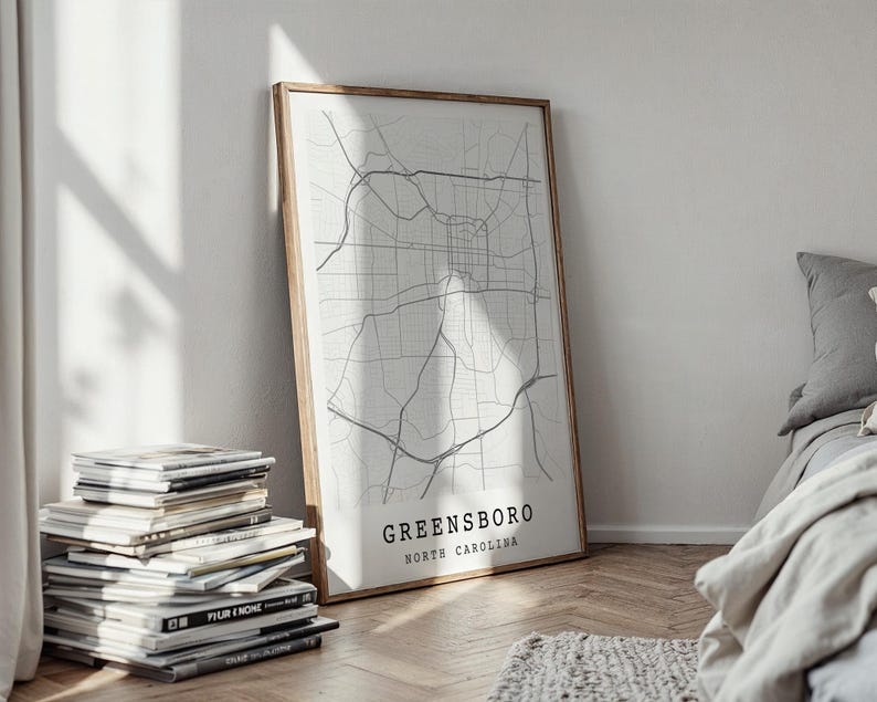 Greensboro North Carolina Map Wall Art: Minimalist City Street Map ...