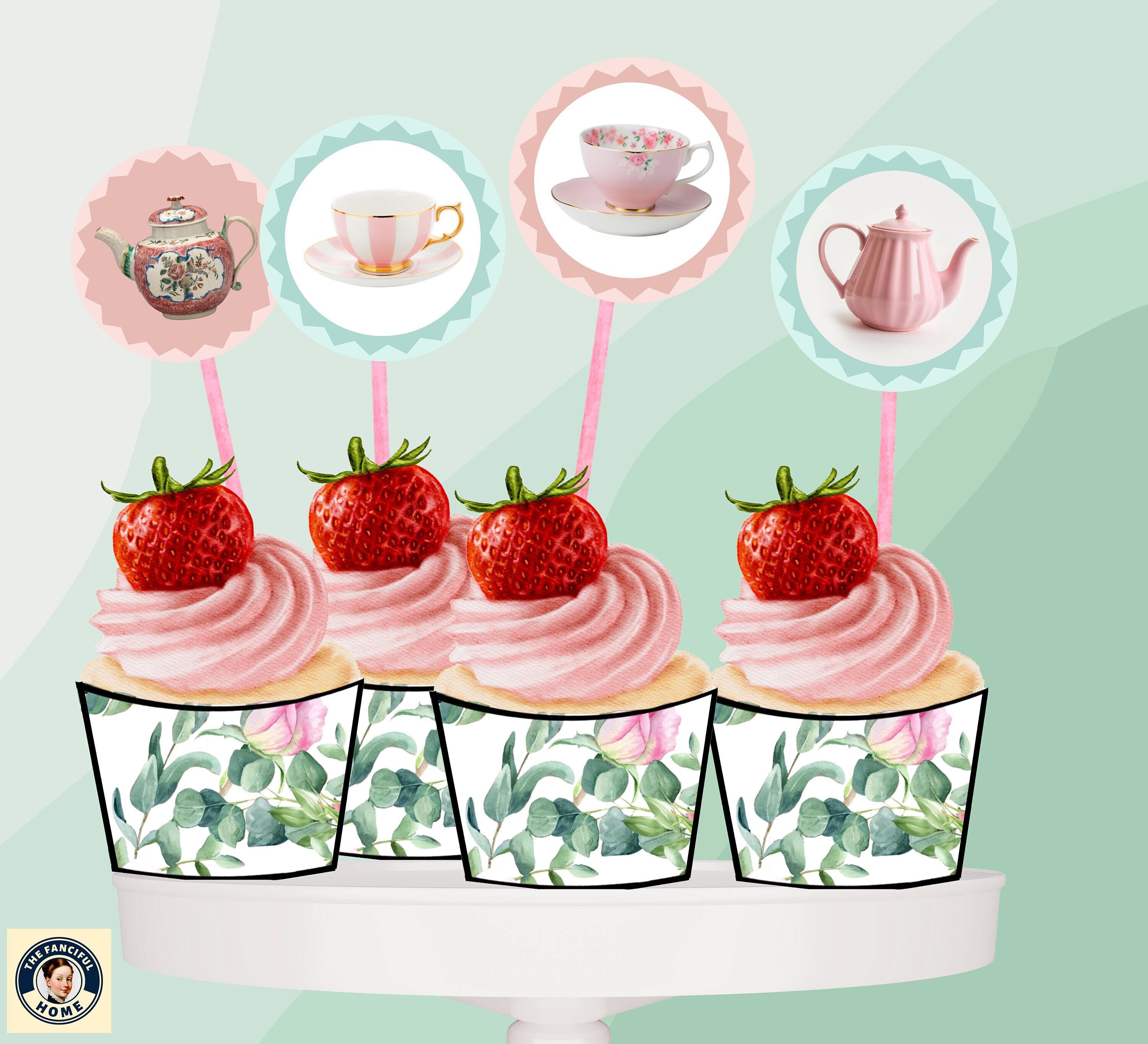 Pink Roses Tea Party Cupcake Toppers Cupcake Wrappers and Printable ...