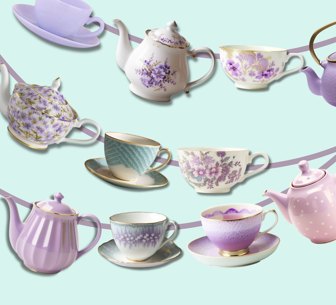 Tea Party Banner Garland Lavender Teacup & Teapot Party Decor Bunting ...