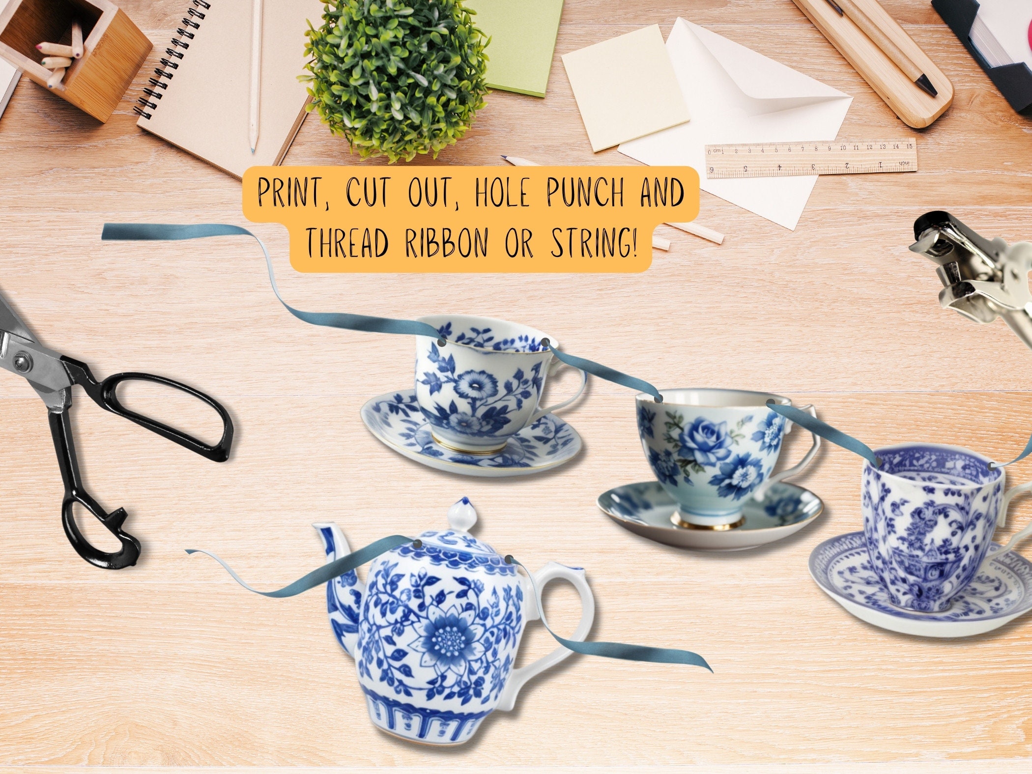 Printable Tea Party Garland Decoration - Blue and White High Tea Baby ...