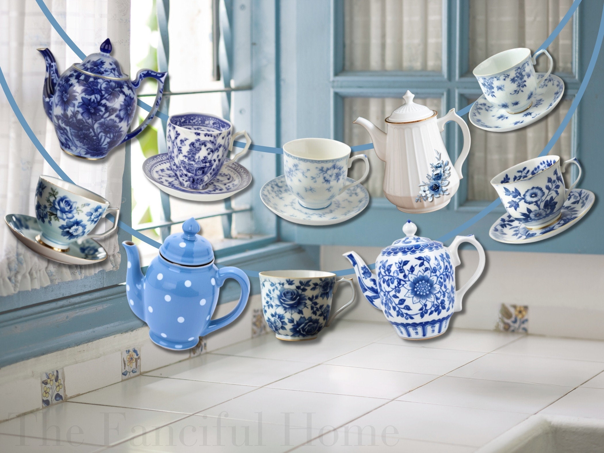 Printable Tea Party Garland Decoration - Blue and White High Tea Baby ...