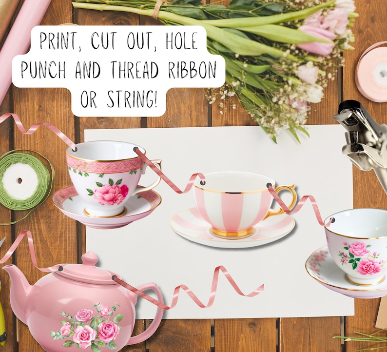 Pink Rose Tea Party Garland Banner Printable High Tea Girls Birthday ...