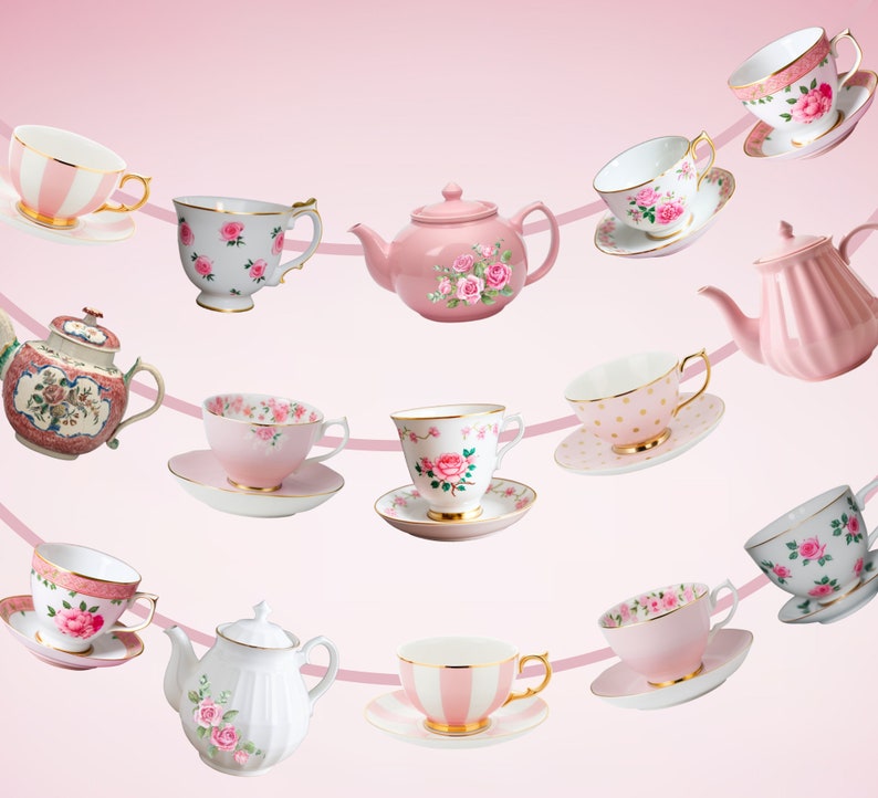 Pink Rose Tea Party Garland Banner Printable High Tea Girls Birthday ...